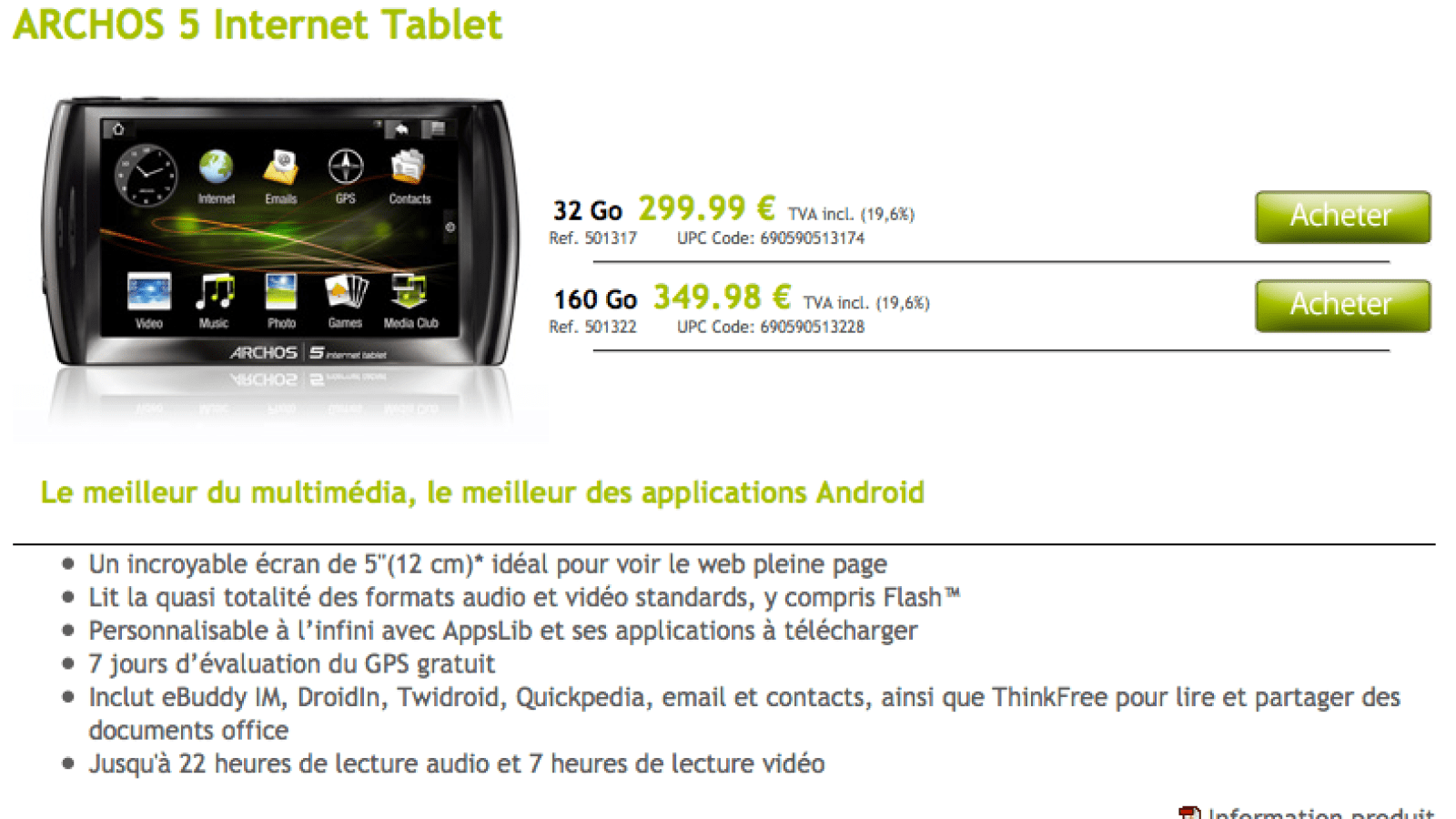 L'Archos 5 Internet Tablet disponible sur l'Archos Store — Frandroid